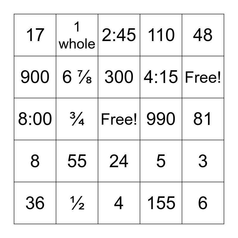 3rd Grade Math Review BINGO! Bingo Card