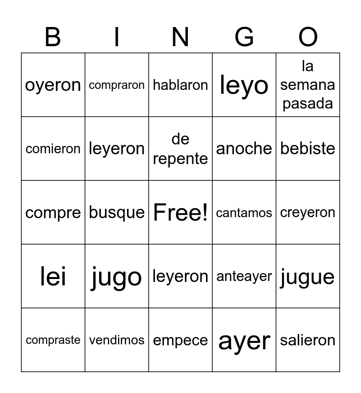 El Preterito Bingo Card