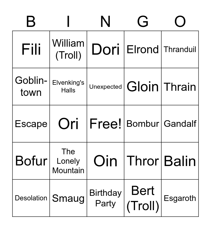 Hobbit Bingo Card