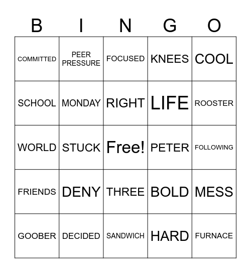 Peer Pressure Bingo Card