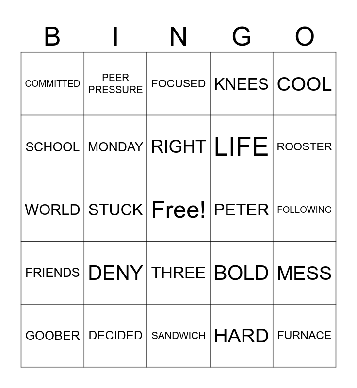 Peer Pressure Bingo Card