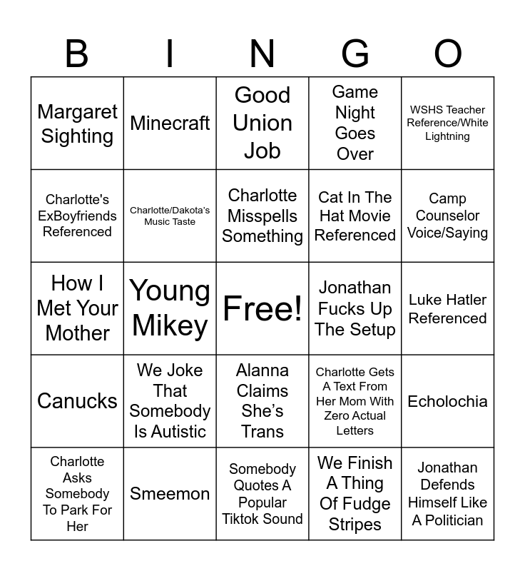 Game Night Bingo Card