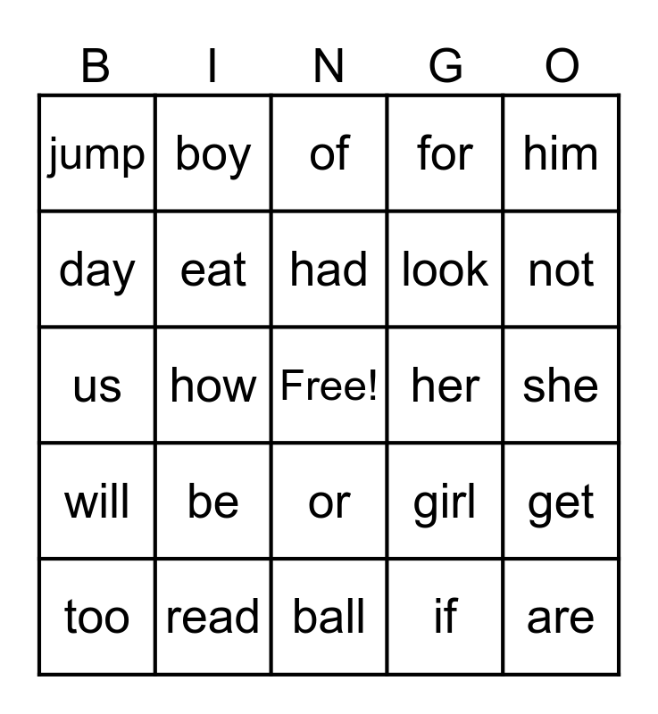 Tricky Words Bingo Card