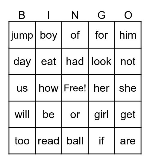 Tricky Words Bingo Card