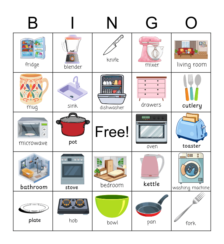 Rooms + Kitchen Utensils Bingo Card
