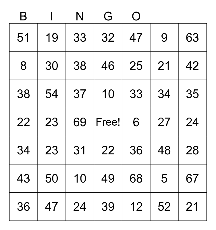 Number Bingo 1-48 Bingo Card