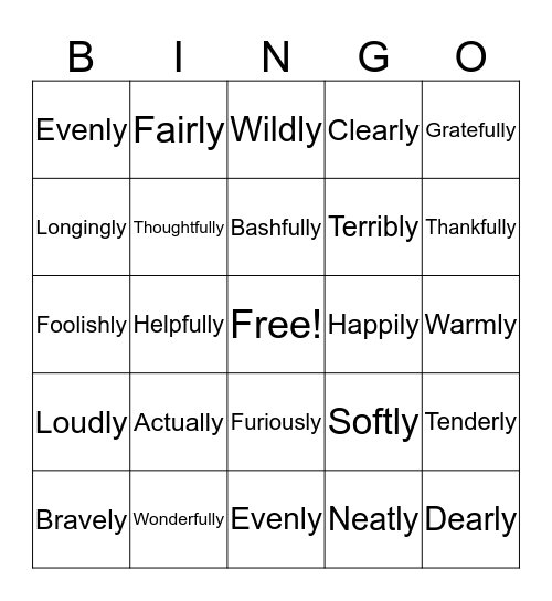 "Ly" Adverb Bingo Card
