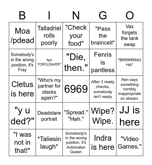 Friday Night Filthy Casuals Bingo Card