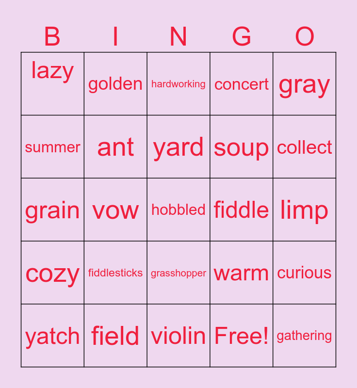 Ant and Grasshopper Bingo Card