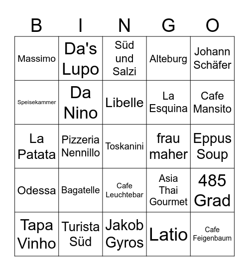 Restaurant Bingo Card