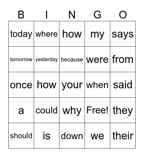 Tricky Word Bingo Card