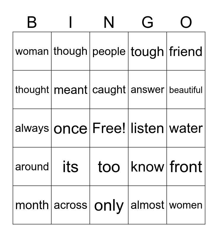 2nd Grade HFW Bingo Card
