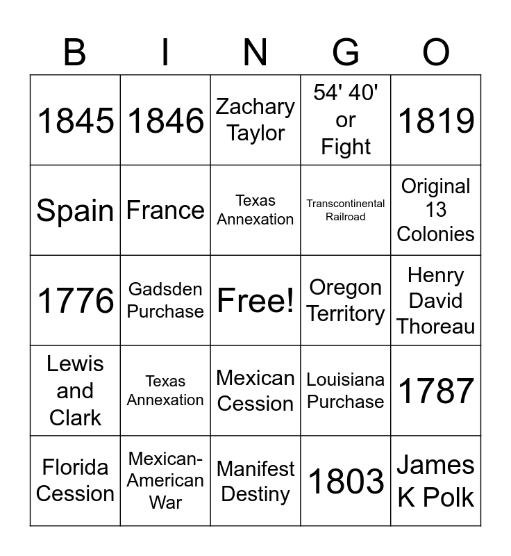 Westward Expansion Bingo Card