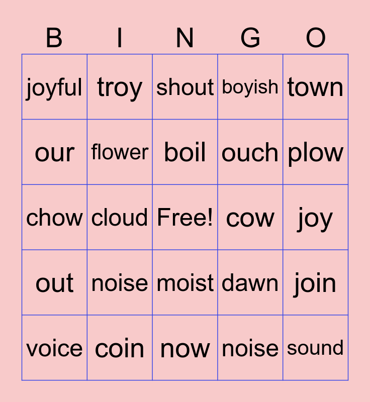 Diphthong Bingo Card