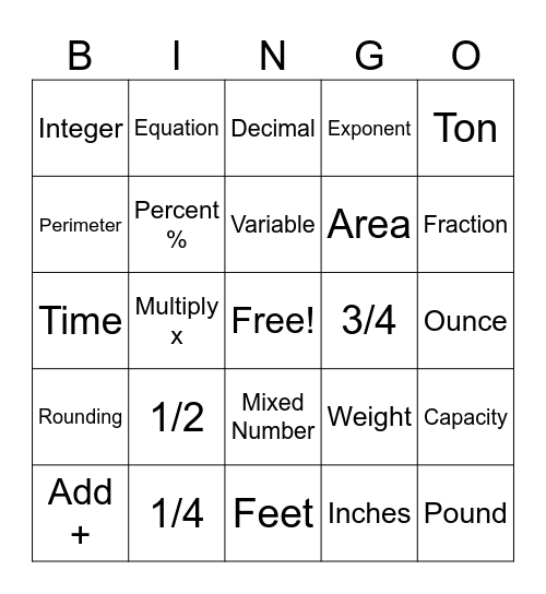 MATH BINGO Card