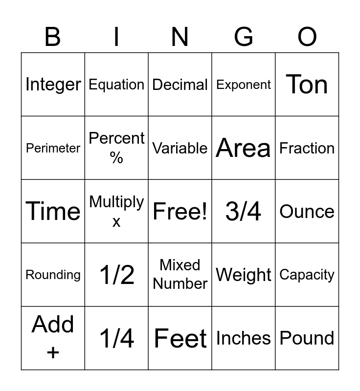 MATH BINGO Card