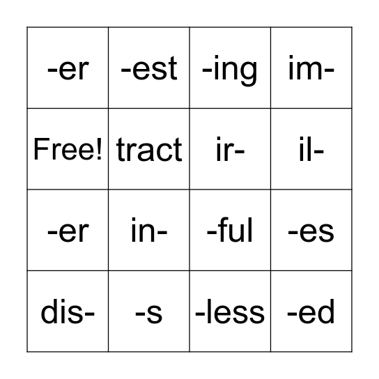 morphemes Bingo Card