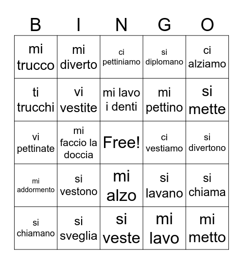 VERBI RIFLESSIVI Bingo Card