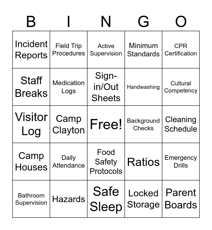 Camp Compliance Bingo Card