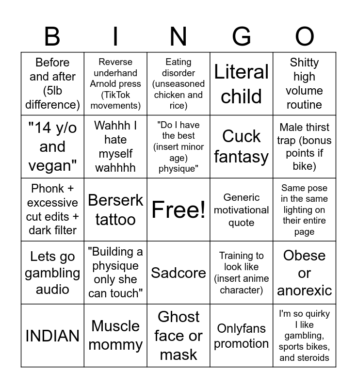 Generic Gymfluencer Bingo Card Bingo Card