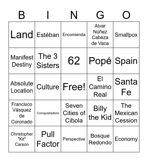 New Mexico History Bingo Card