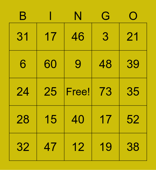 Yellow Bingo Card
