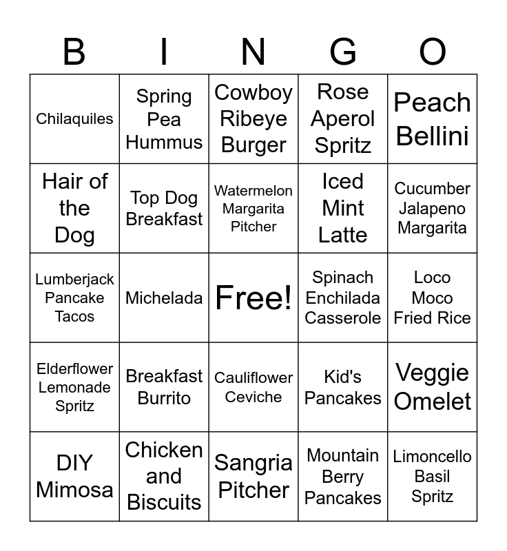 Brunch Bingo Card