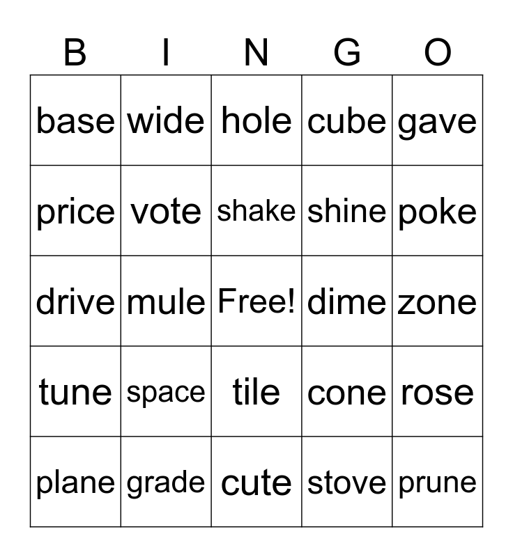 CVCe Bingo Card