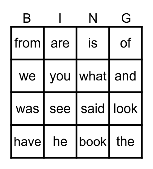 Kinder Frequency Word Bingo Card