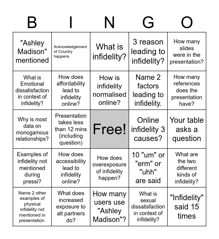 Infidelity Bingo Card