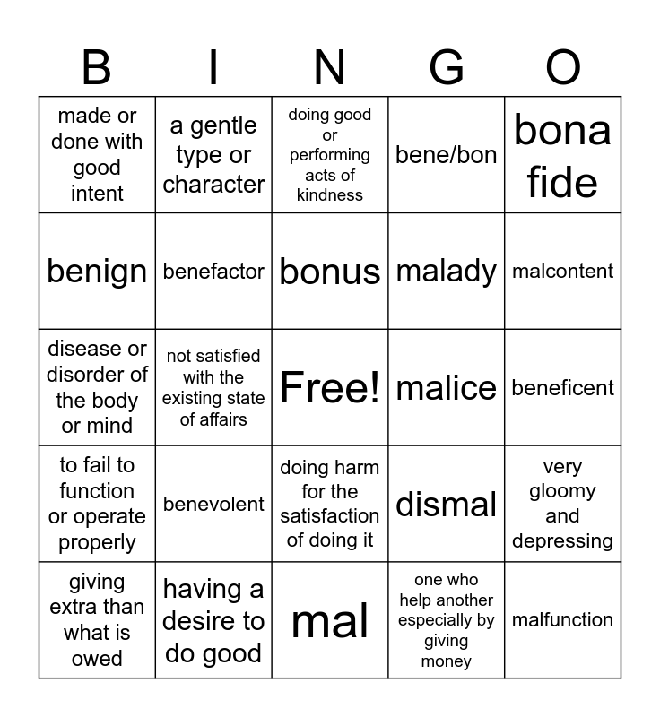 Latin Root Word Bingo: Bene/Bon and Mal Bingo Card