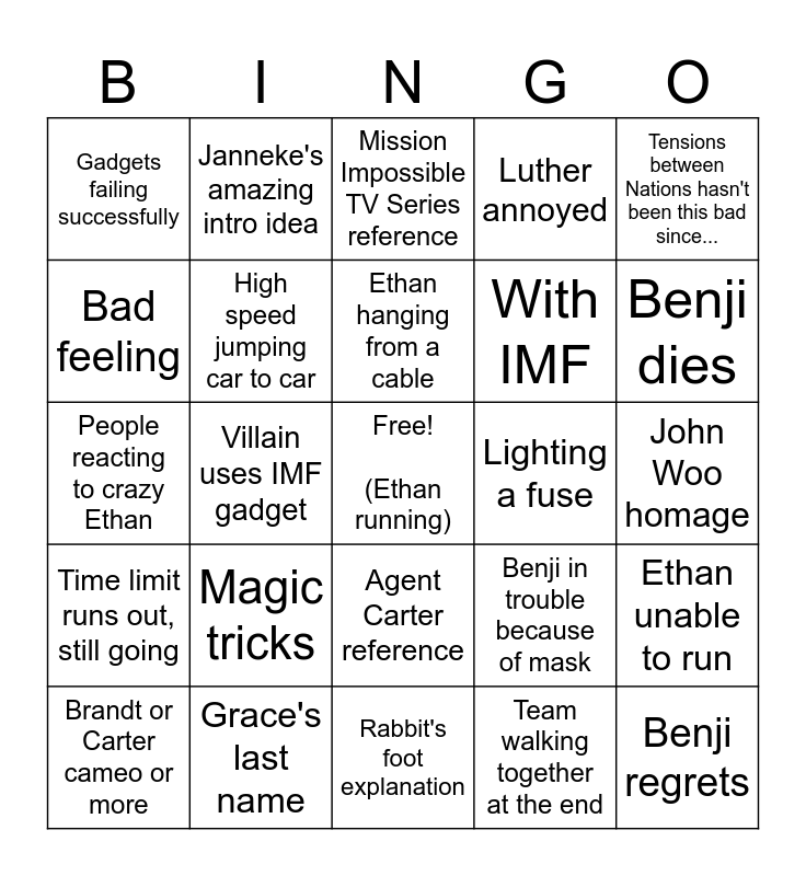 Mission Impossible Bingo Card