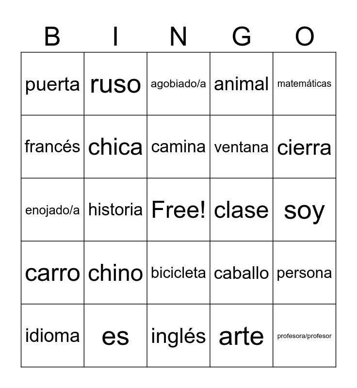 Spanish I Final Exam Review Bingo Card