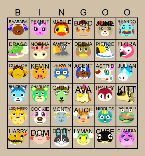 ACNH Villager Hunt Bingo Card