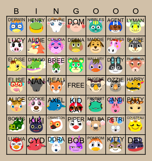 ACNH Villager Hunt Bingo Card