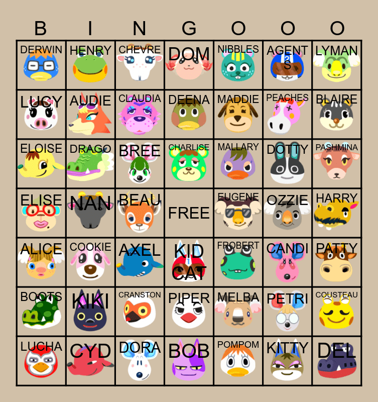 ACNH Villager Hunt Bingo Card