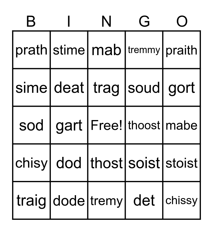 4th Grade Nonsense Word Bingo Card