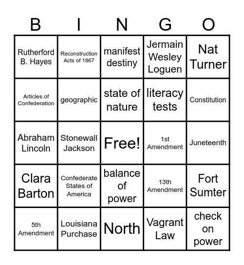 US History Round 2 Bingo Card