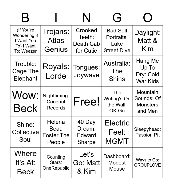 Indie Mix Bingo Card