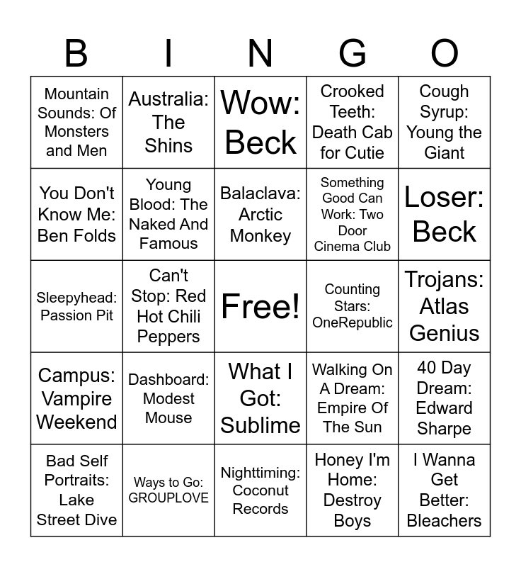 Indie Mix Bingo Card