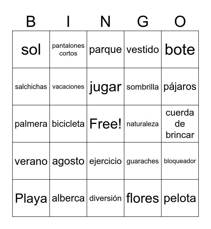Verano Bingo Card