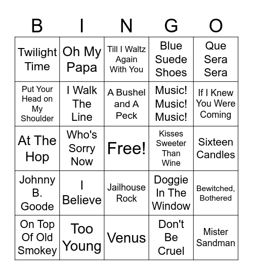 1950's MUSIC BINGO Card