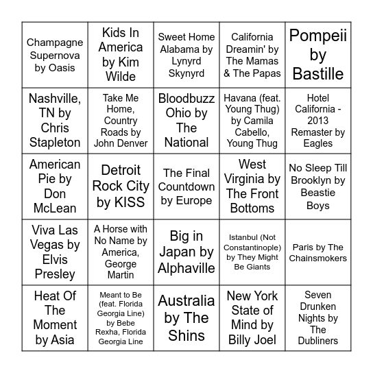 Geography Pop Quiz Bingo Card