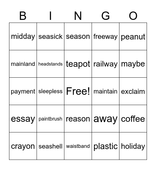 3rd Grade Bingo Card