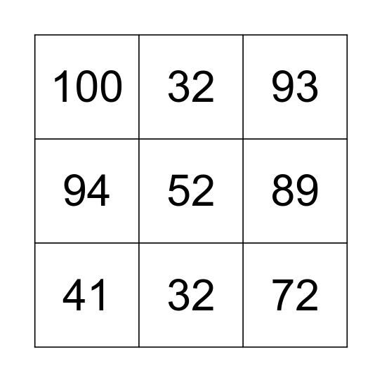 Numbers 11 100 Bingo Card