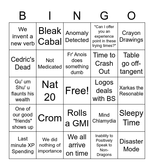 Planescape Bingo Card