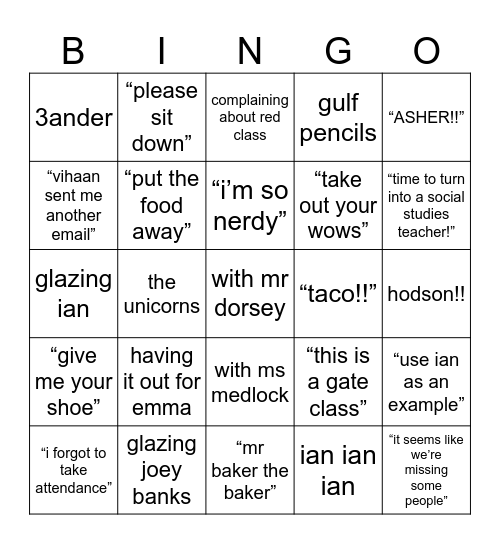 ms baker Bingo Card