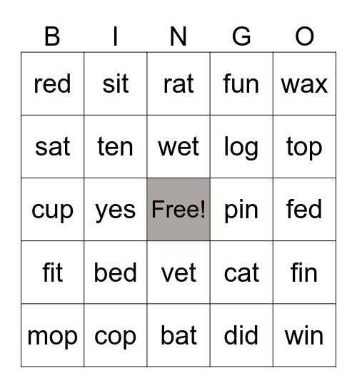 CVC Words Bingo Card