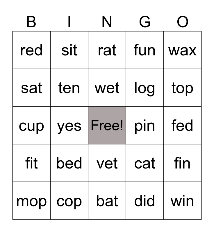 CVC Words Bingo Card