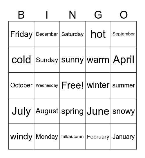 Seasons + Weather + Days + Months Bingo Card